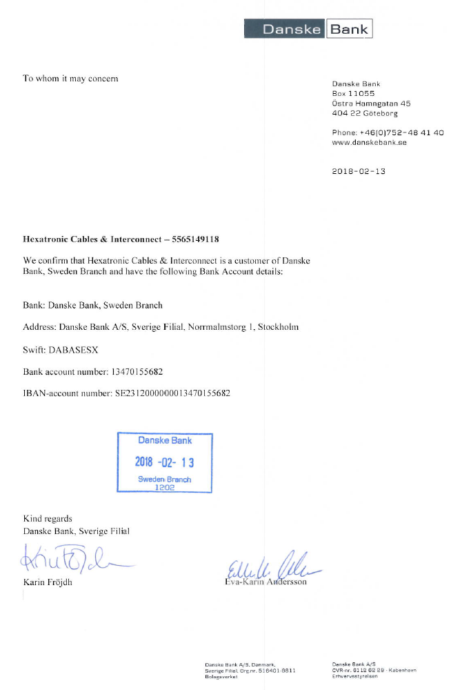 Hexatronic Bank Details